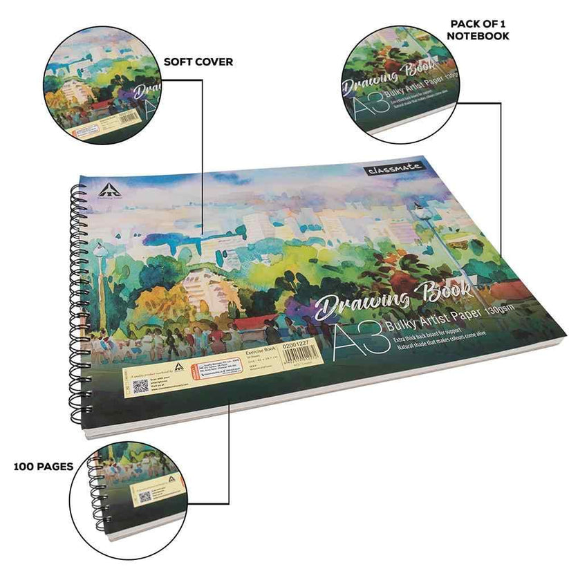 Classmate A3 Bulky Artist Paper Drawing Book – 100 Pages, 130gsm, Spir ...
